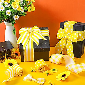 3 Rolls/ 15 Yards Yellow Burlap Wired Ribbons 2.5 Inch Plaid Wrapping Ribbons Bow Craft Ribbon Striped Dot Pattern Ribbons for DIY Crafts Bee Lemon Theme Party Summer Home Wreath Decoration