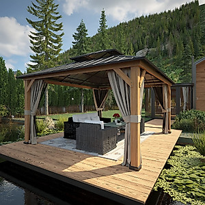 EAGLE PEAK 13x15 Hardtop Gazebo, Galvanized Steel Double Roof Gazebo with Cedar Wood Frame, Outdoor Pavilion with Netting and Curtains for Patio, Deck, Lawn and Garden, Natural Wood/Black