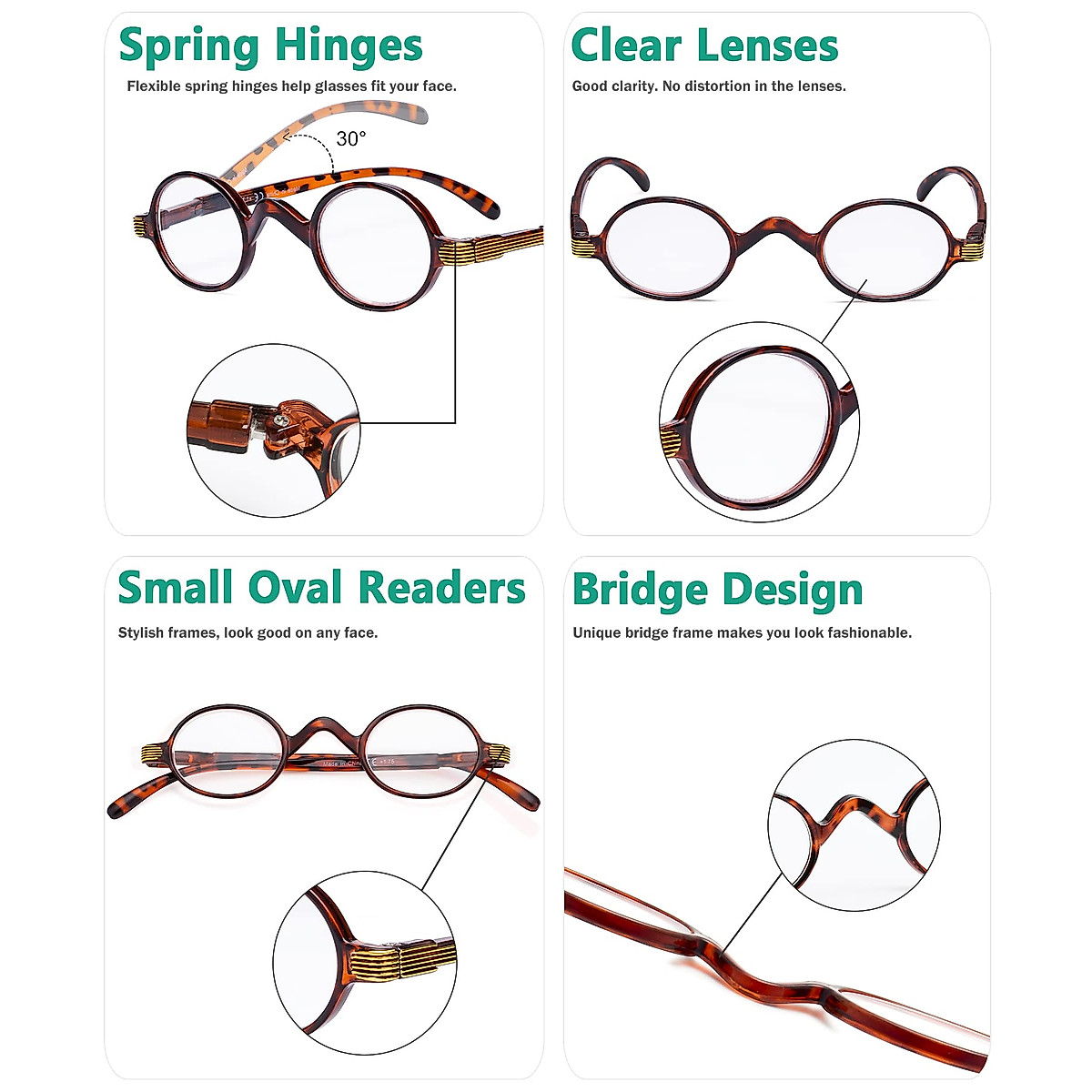 Eyekepper Small Oval Round Reading Glasses Vintage Mini Reader Eyeglasses for Men Women Reading with Spring Hinges Tortoise Frame +1.50