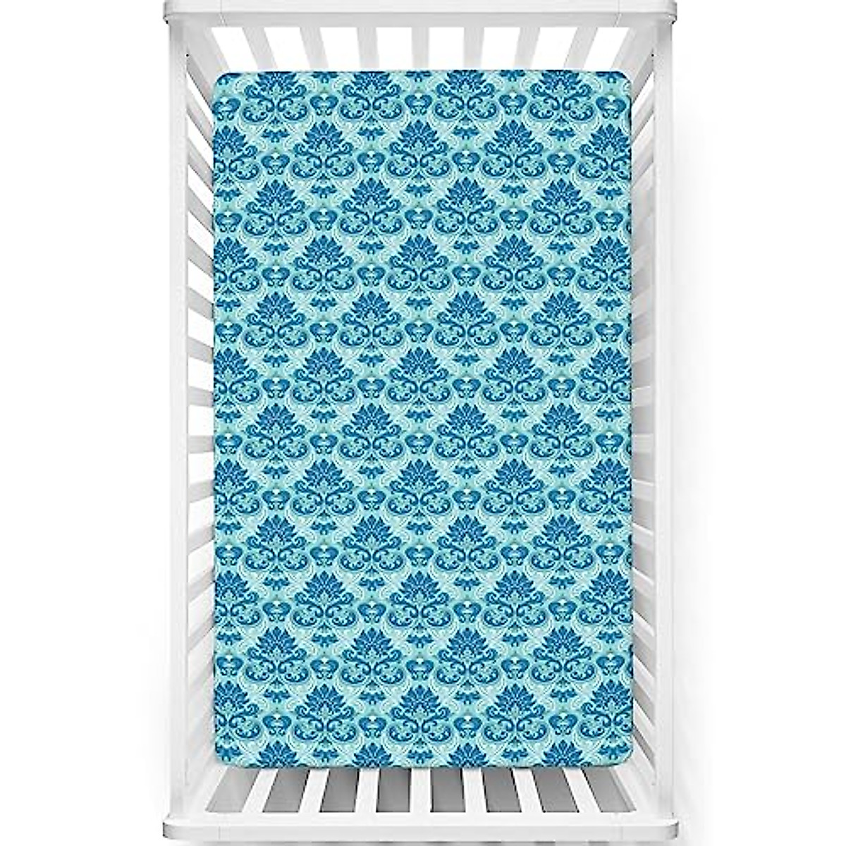 Damask Themed Fitted Crib Sheet,Standard Crib Mattress Fitted Sheet Soft Toddler Mattress Sheet Fitted - Baby Crib Sheets for Girl or Boy,28“ x52“,Seafoam Blue