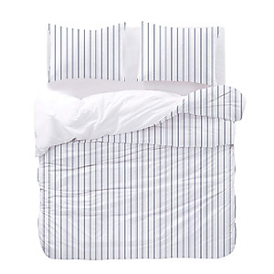 Wake In Cloud - Striped Comforter Set, Ticking Stripe Vertical Pinstripe Neutral Farmhouse Pattern Printed, Soft Lightweight Bedding, 3 Pieces, Navy White, Queen Size