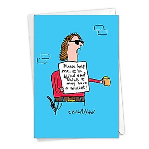 NobleWorks - 1 Hilarious Birthday Card with Envelope - Funny Card with Cartoons, Humor Comic Notecard - Blind Mullet C6150BDG