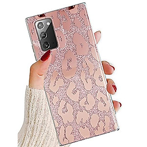 J.west for Samsung Galaxy Note 20 Case 6.7 inch,Luxury Saprkle Bling Glitter Leopard Print Design Soft Metallic Slim Protective Phone Cases for Women Girls Clear TPU Bumper Silicone Cover Rose Gold