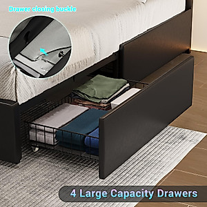Hasuit California King Bed Frame with 4 Storage Drawers, LED Light Platform Bed Cal King Size with Charging Station, Black Artificial Leather Upholstered Headboard, No Spring Needed, Noise Free