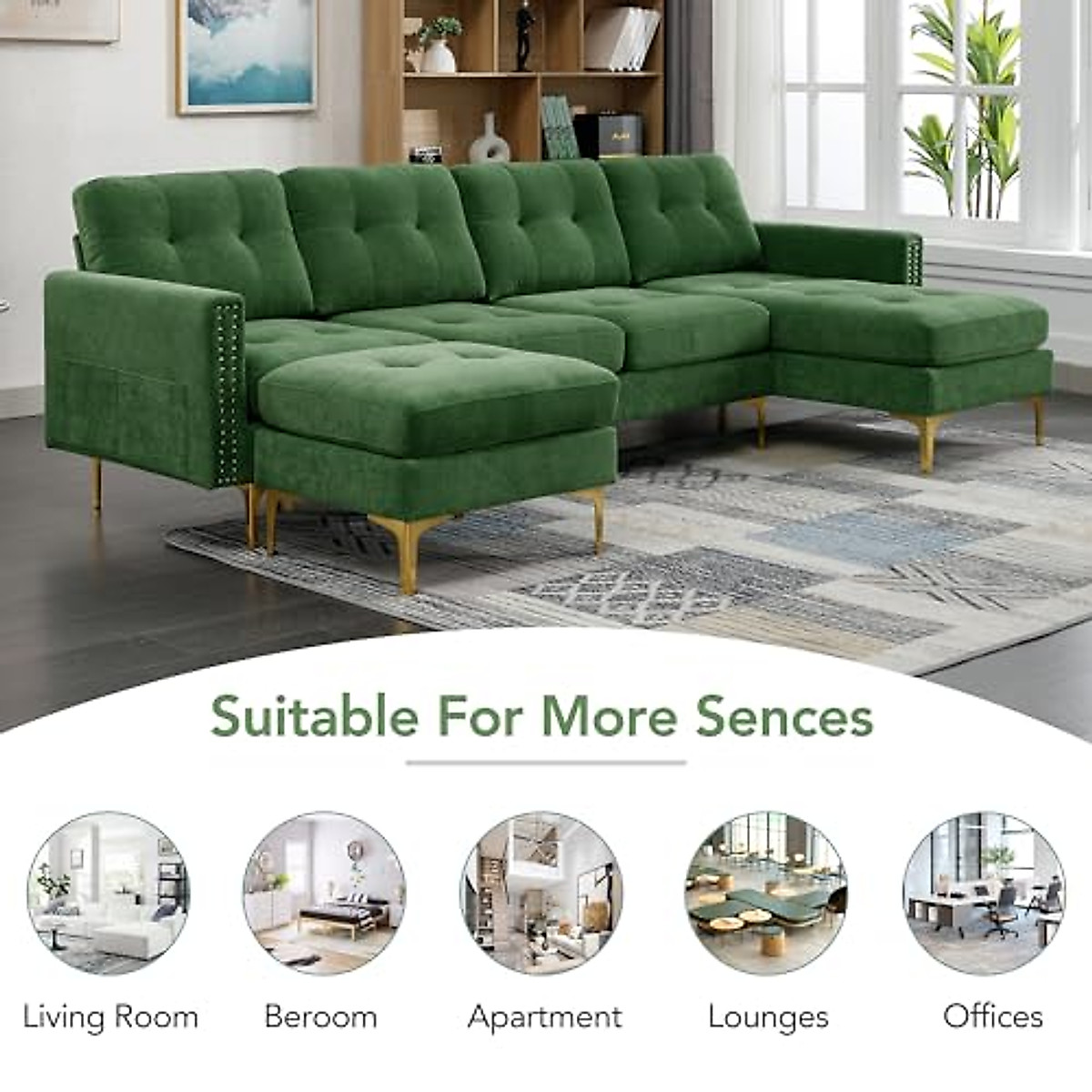 EOVTK Convertible Sectional Sofa with Movable Ottoman, 110" L-Shape Velvet Couch with Golden Metal Legs & Side Storage Pockets for Living Room, Apartment, Office, Green