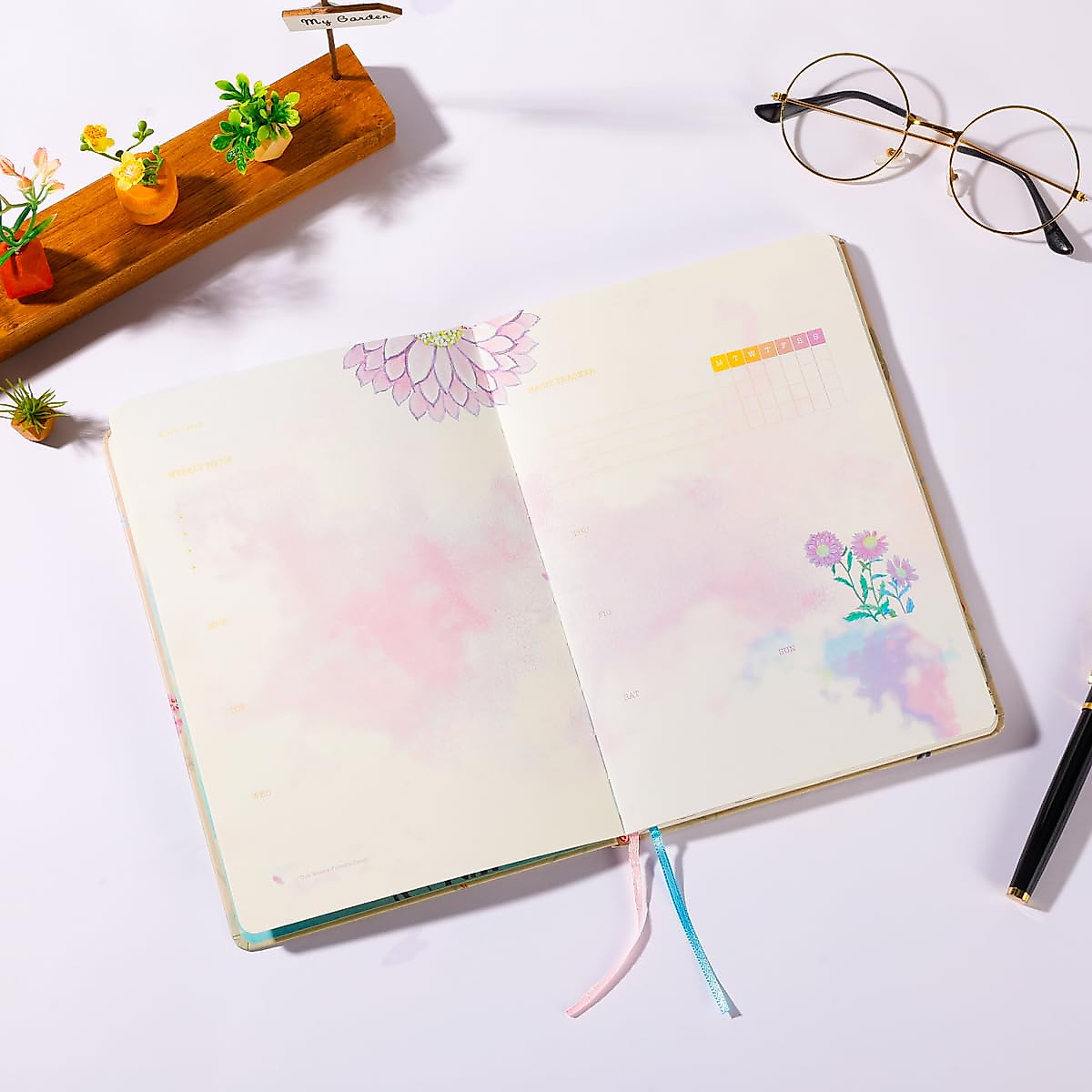 SIIXU Colorful Undated Daily Planner, Weekly & Monthly, Flower Theme Daily Organizer Journal Notebook, A5, 5.8"x8.5", 128 Pages