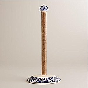 Paper Towel Holder Paper Towel Stand Paper towel Dispenser Wooden and Ceramic Blue and White HAND CRAFTED AND HAND PAINTED NORTHERN AFRICAN DESIGN.