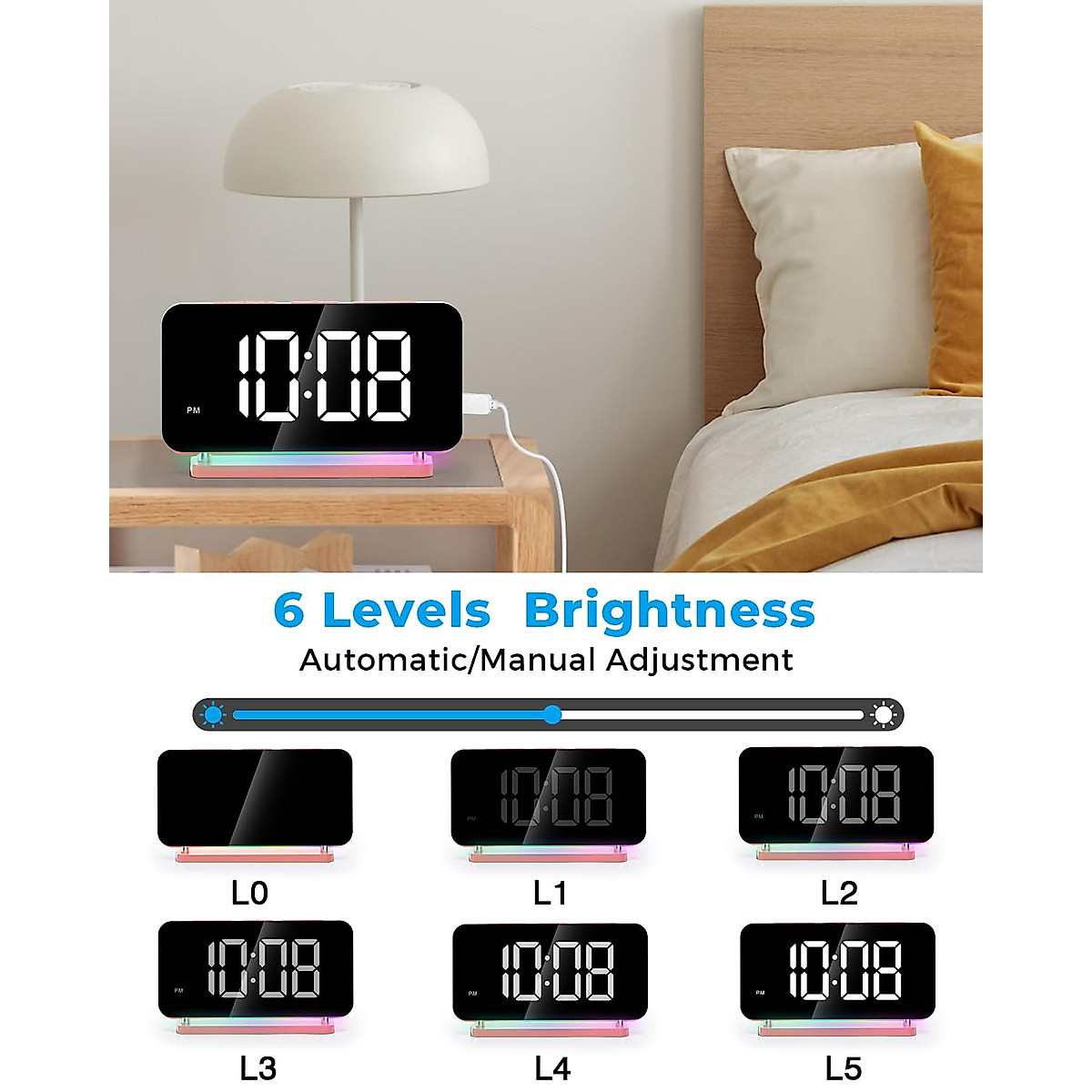 SZELAM Alarm Clock for Bedroom,7.4" Mirror Digital Clocks Large Display,with RGB Night Light, USB C Charger Port,Auto Dimming,LED Desk Clock for Kid Teen Girl Adults Room - Pink