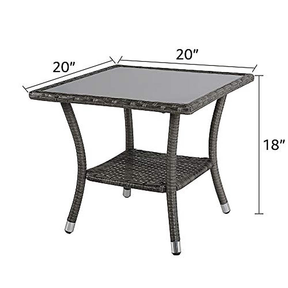 Verano Garden Outdoor Side Table, 20" Square Wicker End Table, Tempered Glass Top Coffee Table with Storage, Aluminum Frame-Gray