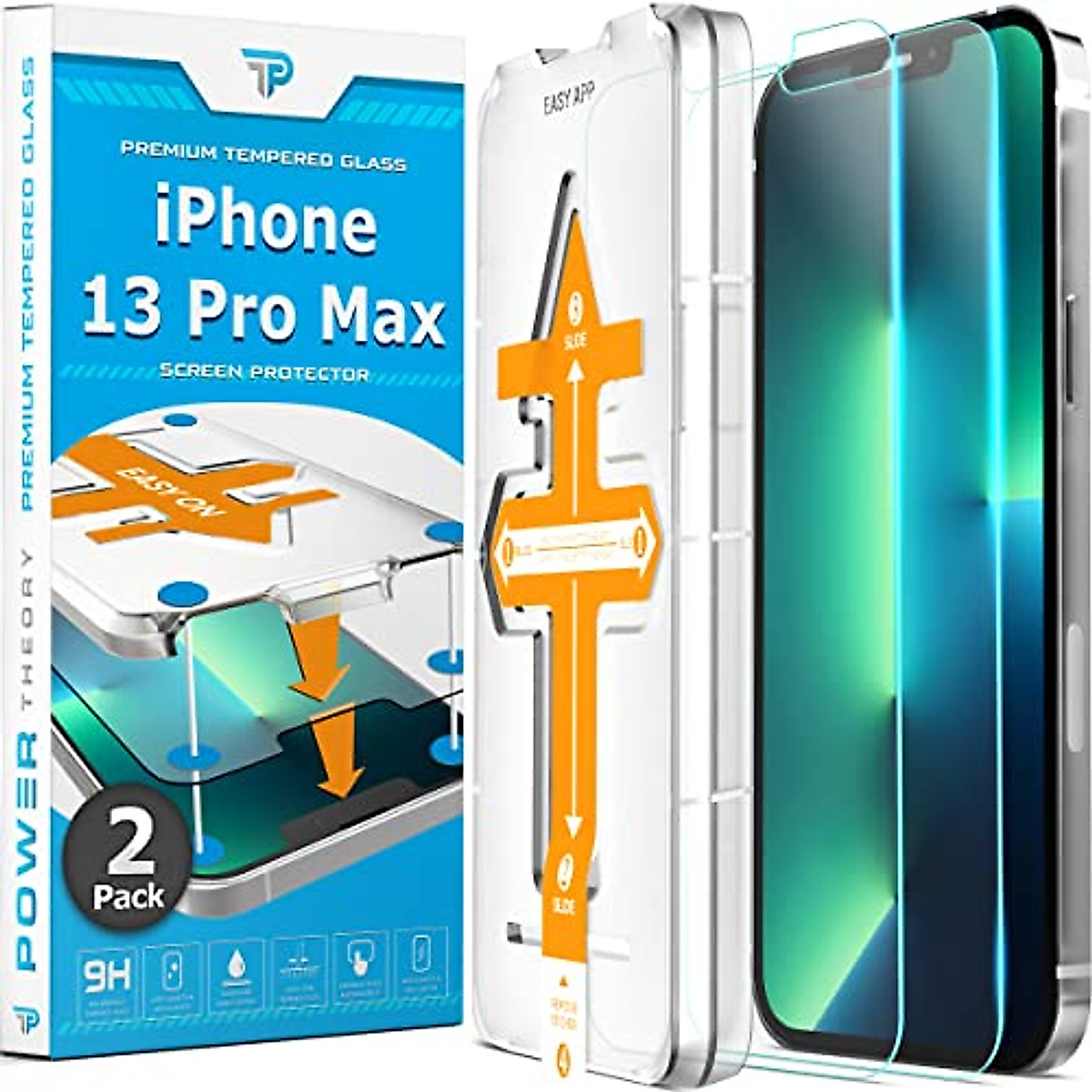 Power Theory 2-Pack Screen Protector for iPhone 13 Pro Max Premium Shatter Resistant Tempered Glass [9H Hardness], Easy Install, 99.99% HD Clear, Bubble Free, Case Friendly, Anti-Scratch, Anti-Smudge