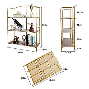 Crofy No Assembly Folding Bookshelf, 3 Tier Gold Bookshelf, Metal Book Shelf for Storage, Folding Bookcase for Office Organization and Storage, 12.87 D x 30.9 W x 42.33 H Inches
