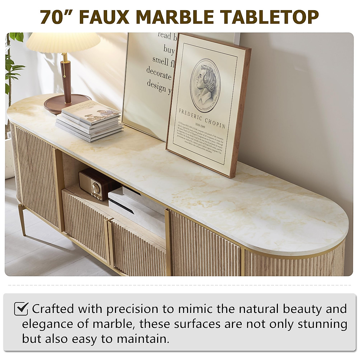 OKD Modern 70" Fluted Sideboard, TV Stand Entertainment Cente with Storage, Sideboard Buffet Cabinet Console for Living Room, Hallway, Natural Oak