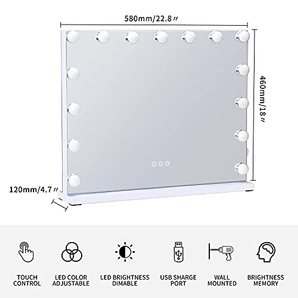 NUSVAN Vanity Mirror with Lights Lighted Makeup Mirror with 15 Dimmable LED Bulbs,3 Color Lighting Modes,USB Charging Port Touch Control,Sturdy Metal Frame Design 24x18 Inch,White