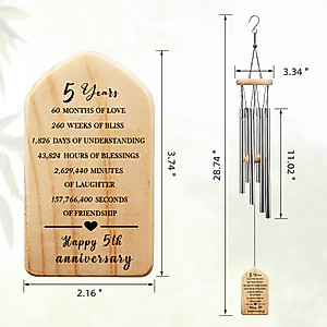 5 Years Anniversary Wind Chime, Happy 5th Anniversary Gift, 5 Years of Marriage, Wood Wedding Anniversary Keepsake for Couples Husband Wife, Valentines Day Gifts for Him Her, 5 Years Down