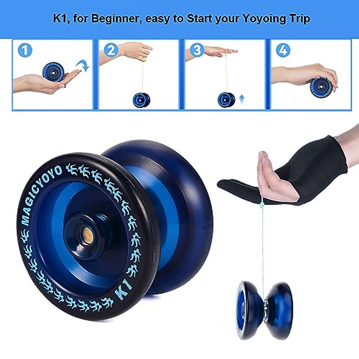 MAGICYOYO K1 Yoyo Professional Responsive for Kids Teens Adults with 5 Yoyos Strings+ Bag+ Yo Yo Glove+ Yo-yos Hubstacks Kit, Beginners to Advanced Yo-yo Plastic, Navy Blue