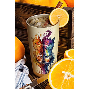 20oz Colorful Painting Cat Tumbler, Gifts for Cat Lovers, Coffee Thermos for Women, Men, Stainless Steel Double Wall Vacuum Insulated Coffee Mug, Travel Cup with Lid