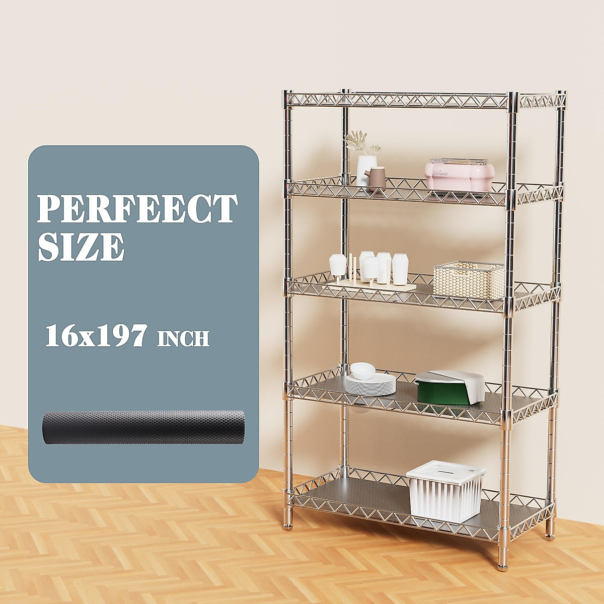 FLPMIX Wire Shelf Liner 16 inch Wide, Standard Size (16 by 197 Inch, Transparent Grey), Waterproof Pantry Shelf Liner, Thick Plastic Kitchen Cabinets Liner for Wire Racks, Heavy Duty Metal Shelves