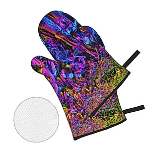 Rainbow Titanium Glass Oven Mitts and Pot Holders Set Heat Resistant Non-Slip Kitchen Gloves Washable Microwave Gloves with Soft Cotton Lining for Cooking Baking Grilling Barbecue