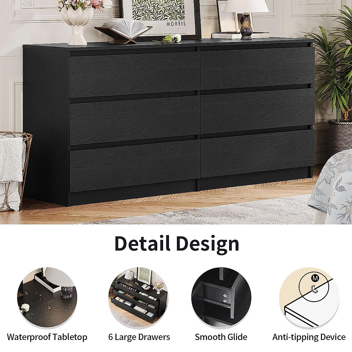 Angel Sar 59'' Dresser for Bedroom, Modern Black 6 Drawer Dresser, Long Dresser with Spacious Tabletop, Smooth Slides, Handlefree Design & Sturdy Base, Double Drawer Dresser for Closet