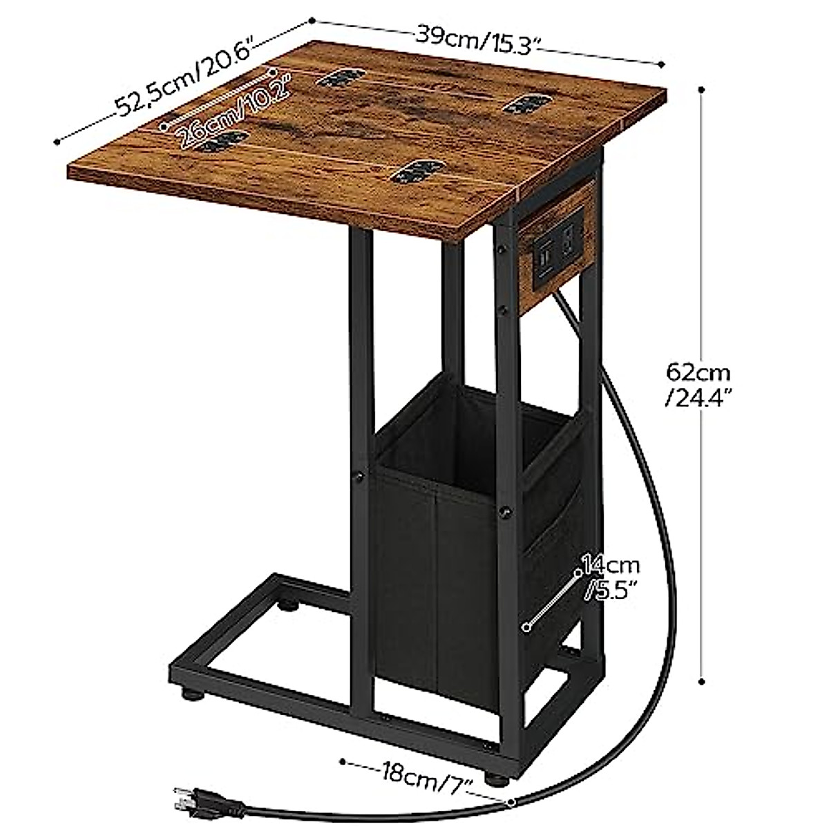 HOOBRO C Shaped Side Table with Charging Station, Foldable End Table with Fabric Bag, Sofa Couch Table Coffee Table Snack Table for Small Space Living Room, Bedroom, Rustic Brown and Black BF30USF01