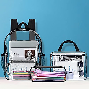 3 Pieces Clear Backpack PVC See Through Backpack Heavy Duty Transparent Bookbag Stadium Approved Black Clear Backpack for School Stadium Travel Security Festival, Black