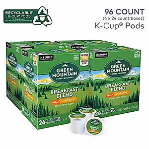 Green Mountain Coffee Roasters Breakfast Blend Decaf, Single-Serve Keurig K-Cup Pods, Light Roast Coffee Pods, 24 Count (Pack of 4)
