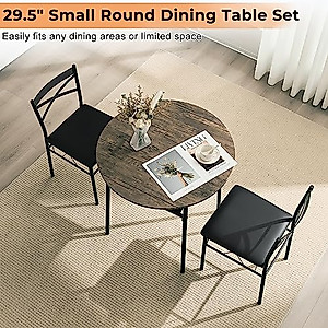 VINGLI 3 Piece Round Dining Set,29.5" Small Dining Table Set for 2,Round Kitchen Table with 2 Chairs Set for Small Space/Dining Room/Apartment,Upholstered Chairs,Metal Frame,Storage Shelf (Black)