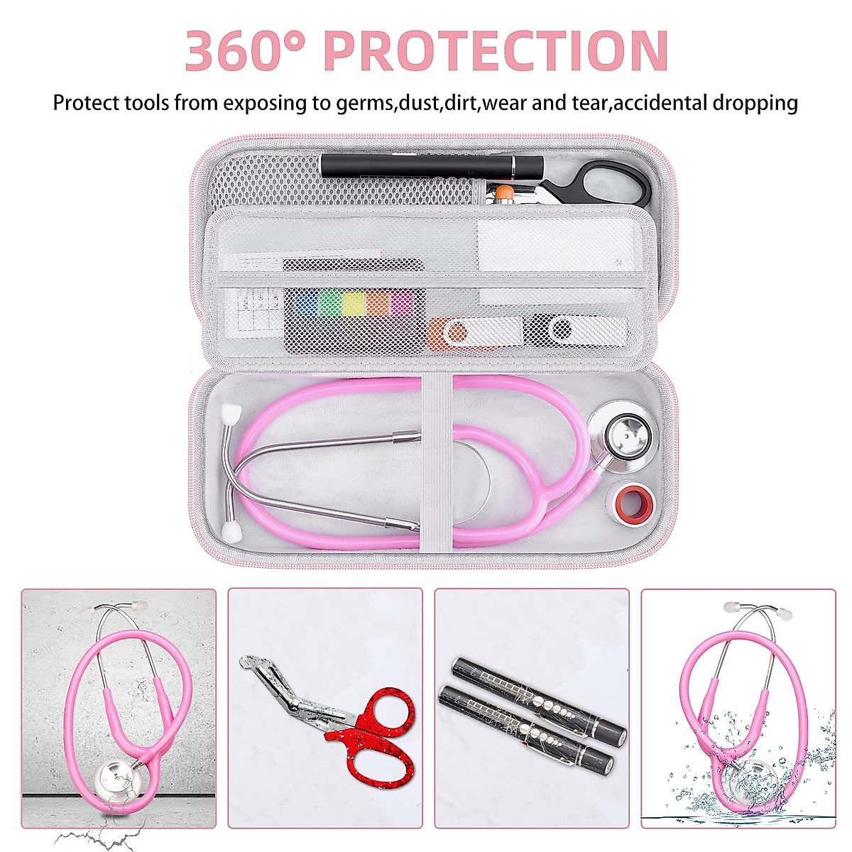 HESPLUS Stethoscope Case for MDF Acoustica/MD One, 3M Littmann Classic III/Lightweight II S.E/Cardiology IV Diagnostic/CORE Digital Stethoscopes, Includes Mesh Pocket for Nurse Accessories - Pink