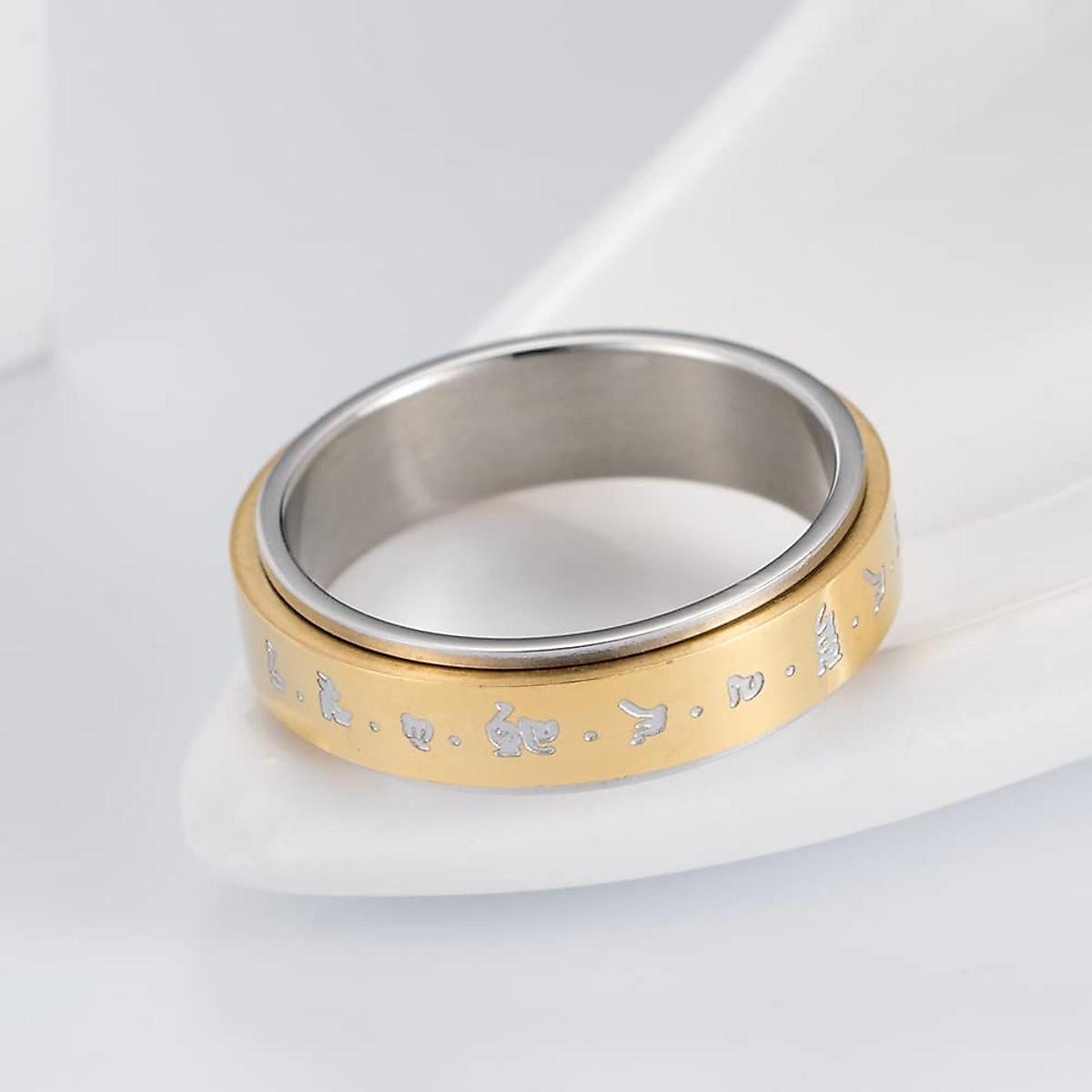 ANIEJUFI Stainless Steel God of Wealth Mantra Spinner Ring Buddhist Amulet Lucky Band Rings Gold Size 7