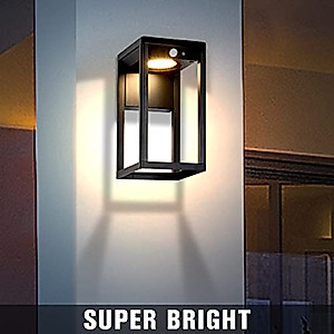 BRIMMEL Solar Sconce Lights Outdoor Motion Sensor Solar Wall Lights Outdoor Big Size 10hours Battery Life Solar Waterproof Wall Lantern for Wall Porch Front Door Garag, Solar Powered, Aluminum, Black