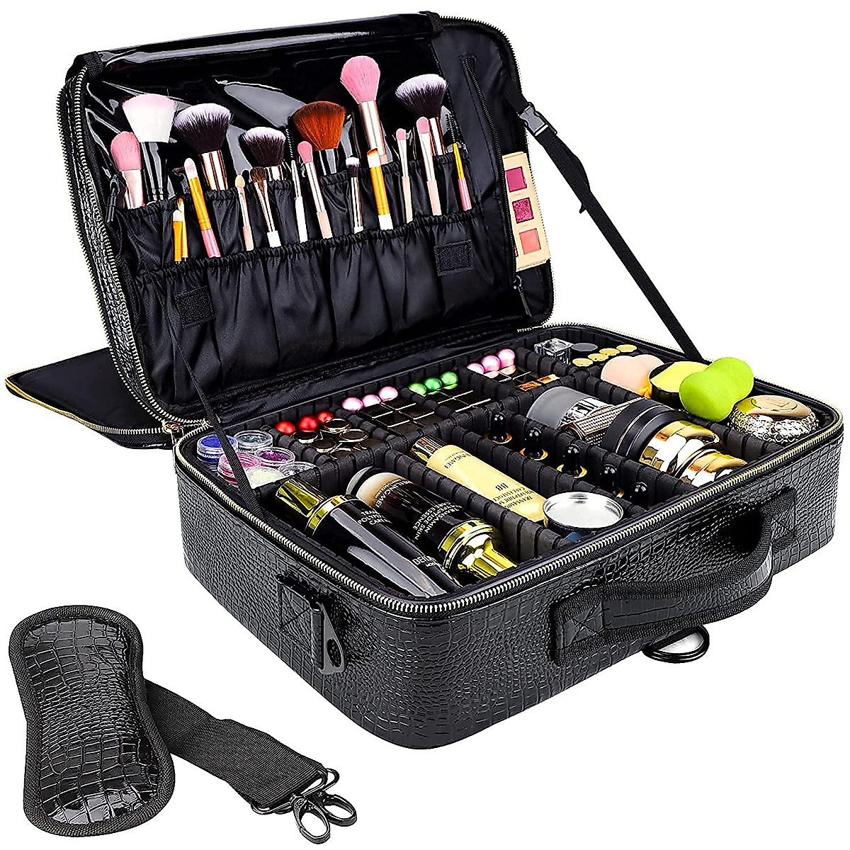 gzcz Large Makeup Train Case Professional 16" Travel Makeup Cosmetic Bag Organizer Portable PU Leather Makeup Storage Case Artist Box with Adiustable Dividers & Strap (L-Crocodile Pattern)