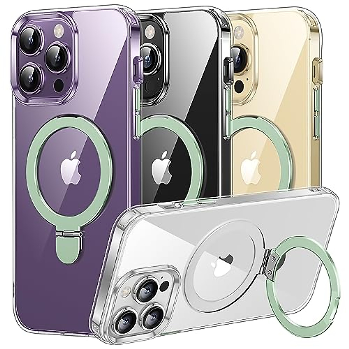 CATiabax for iPhone 14 Pro Case with Magnetic Invisible Stand [Military Drop Protection] [Compatible with MagSafe] Shockproof Transparent Phone Cases for Men Women 6.1 Inch, Clear+Green