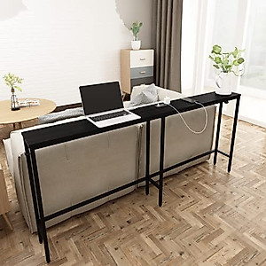 LEOMONIO 7.9" Narrow Sofa Table with Outlet, 70.9" Long Console Table Behind Couch, Skinny Table with Detachable Hooks and Charging Station for Entryway, Hallway, Living Room, Metal Frame & Black Wood