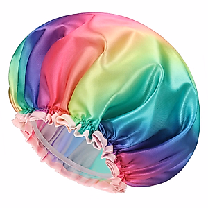 mikimini Shower Cap for Women Long Hair, 2 Pack,Double Layer Waterproof, X-Large, Reusable, Washable, No Smell, Rainbow Fashion Shower Cap