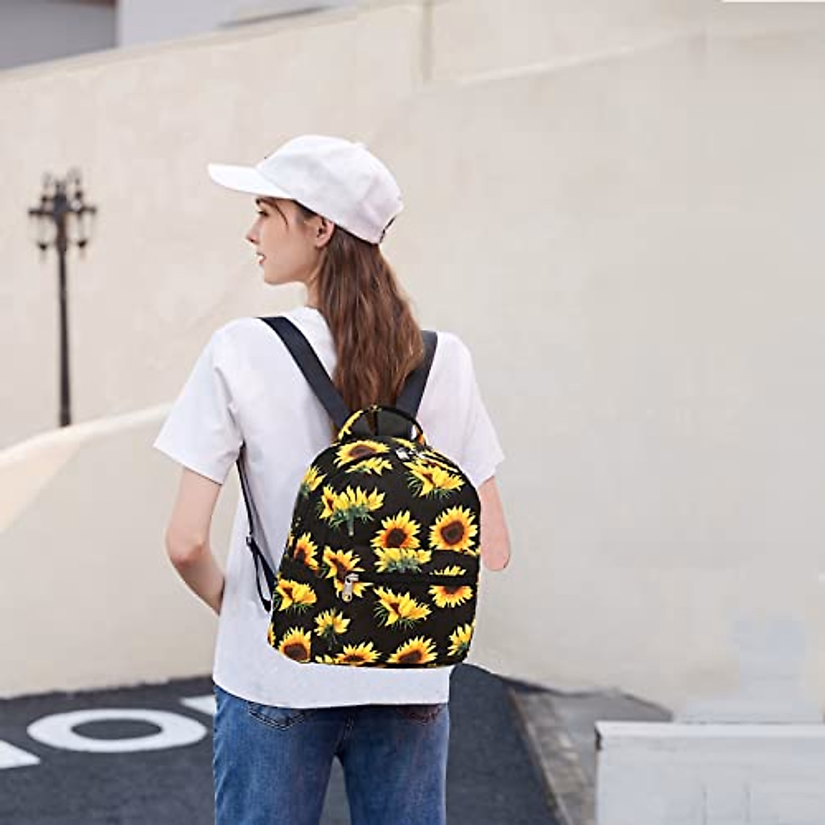 LSNOYRD Sunflower Mini Backpack Purse, Women Teen Girl Teenager 13 Inch Black Floral Flower Cute Kawaii Purse, Medium Size Nylon Small Backpack Bookbag Travel Shoulder Back Pack with Side Pocket