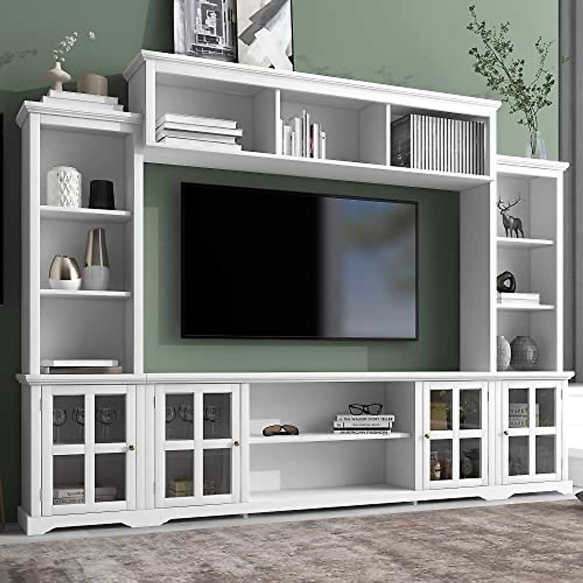 ZSQ TV Entertainment Wall Unit with Bridge, Modern TV Console Table for TVs Up to 70”, Multifunctional TV Stand with Tempered Glass Door (White)