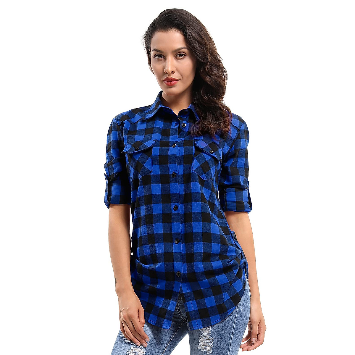 OCHENTA Women's Roll Up Sleeve Button Down Plaid Flannel Shirt Fall Casual Tops D005 Blue Black XS