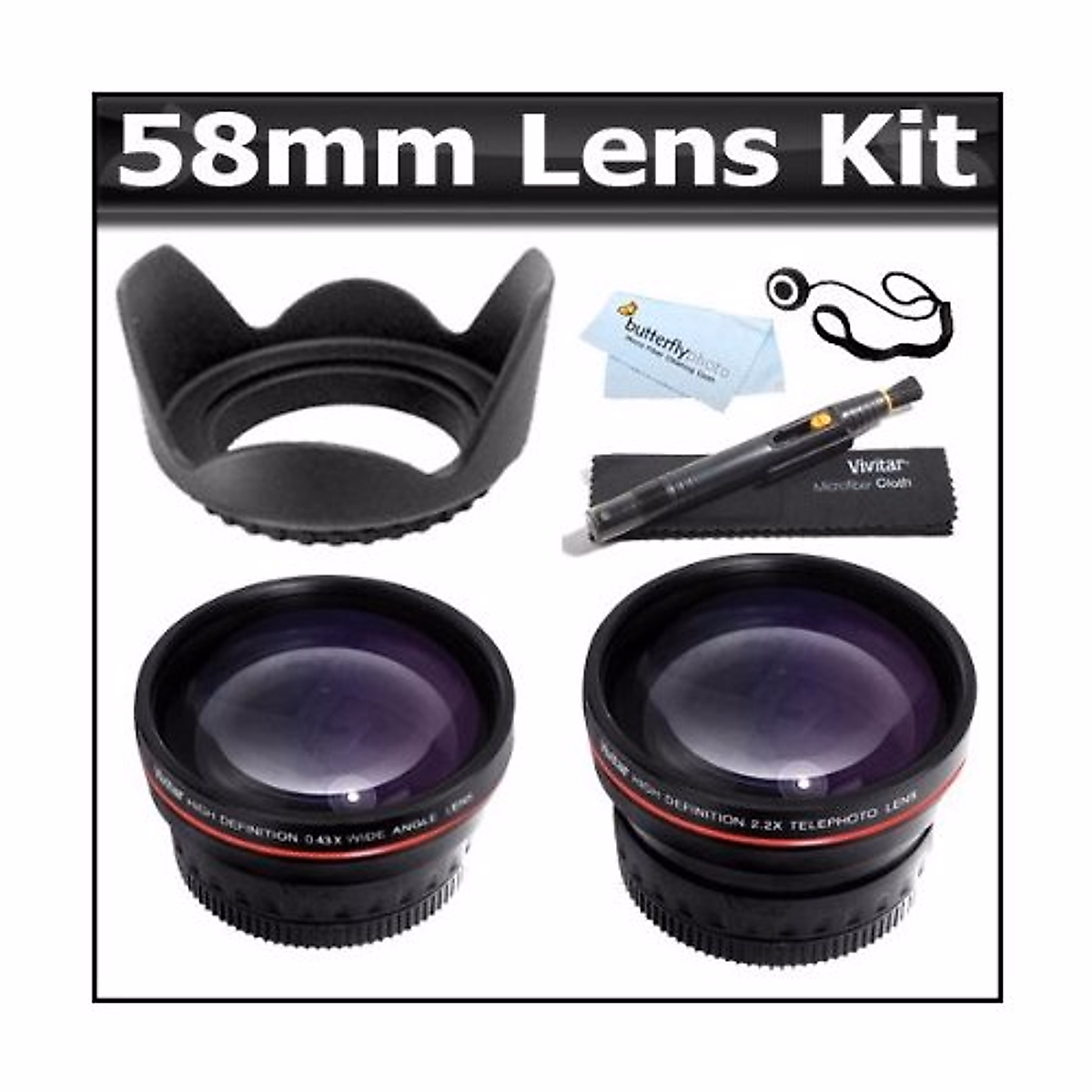58mm 2x Telephoto Lens + Wide Angle Lens + Lens Hood + More For Canon EOS Rebel T5i, T4i, T3i T3 20D 5D 300D 350D 450D 400D 60D 650D 550D That Use Canon Lenses (18-55mm, 75-300mm, 50mm 1.4, 55-200mm)