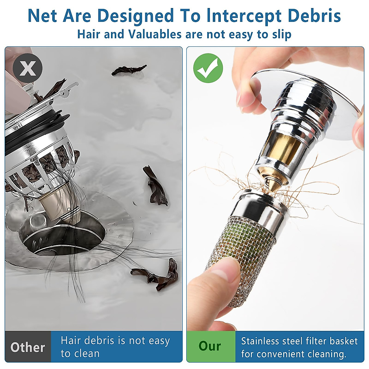 Anytin 2pcs Bathroom Sink Drain Strainer Pop Up Sink Drain Stopper with Removable Stainless Steel Filter Basket, for US Universal Bathroom Kitchen Basin Sink Stopper Bathroom Sink Stopper