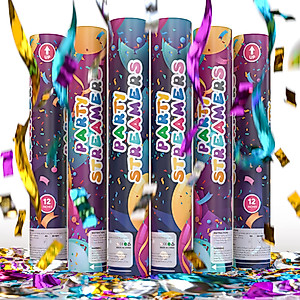 6 Pack No MESS Streamer Confetti Cannon Confetti Poppers | Shiny Multicolor Streamers | TUR Party Supplies | Launches Up to 25ft | Giant (12 in) | Party Poppers for Graduation, Birthdays, Weddings