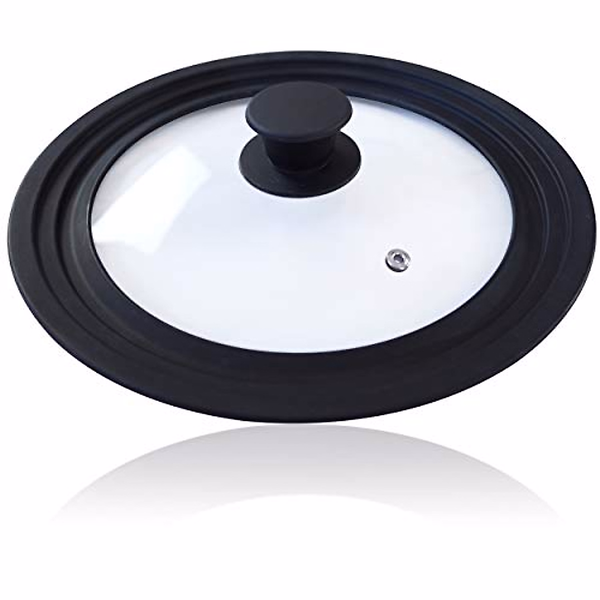 Glass Lid Universal - Graduated Kitchen Lids Multisize 8.5” / 21.5 cm, 9.25” / 23.5 cm, 10” / 25.5 cm (outer edges 10.6” / 27 cm) Diameter for Pots and Pans, Heat Resistant Silicone Rim, Round Black