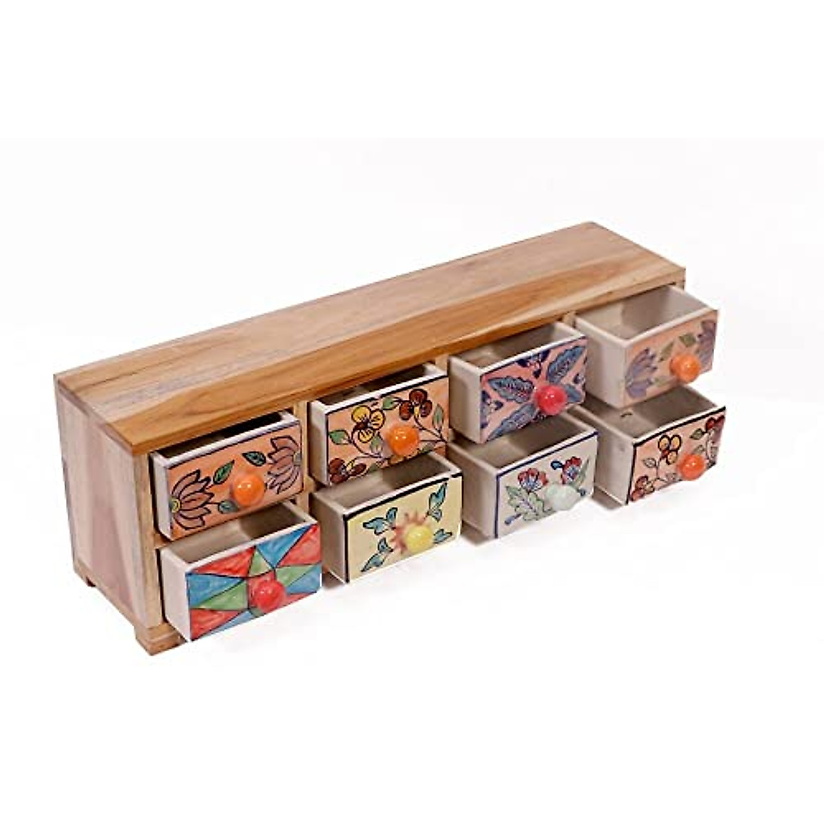 Tyagi-Export -8 Drawer Wide Ceramic Organizer Storage Cabinet Chest of Drawers Unique Pottery Wooden Drawer Box Drawers 10.5 x 3 x 7 Inch