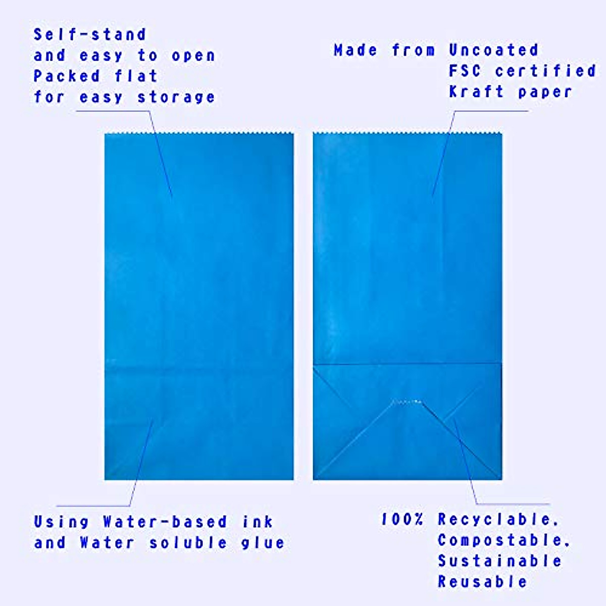 Party Favor Bag 50 pcs Food Safe Paper and Ink, Natural (Biodegradable), Vivid Colored Self-Stand Buffet Bags, Bottom Square Paper Treat Bag. with 60 pcs Stickers 1.5 inch. (Blue)…