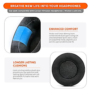 WC Freeze Virtuoso - Hybrid Fabric Cooling Gel Replacement Earpads for Corsair Virtuoso Gaming Headset, Made by Wicked Cushions, Improved Durability, Thickness and Sound Isolation | Black