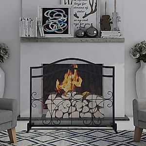 VEVOR Fireplace Screen, 39 x 31 Inch, Double Door Iron Freestanding Spark Guard with Support, Metal Mesh Craft, Broom Tong Shovel Poker Included for Fireplace Decoration & Protection, Black