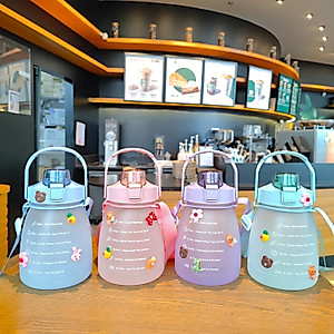 MsAilcplis Girls Kawaii Water Bottle with Straw for School Large Capacity, Portable BPA Free Sports Drinking Frosted Bottle with With scale & Cute 3D Stickers for Outdoor Camping (Pink)