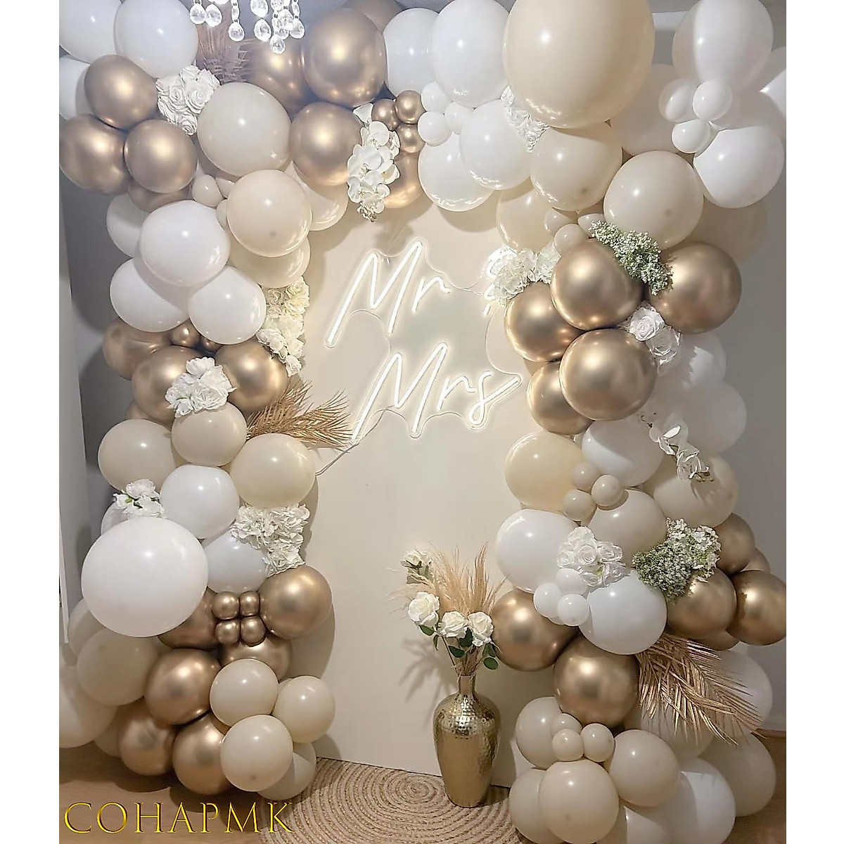 White Sand Gold Balloon Garland Arch kit 144pcs Beige Nude White with Metallic Chrome Gold Latex Balloons for Wedding Bridal Shower Engagement Party Decorations Birthday Baby Shower Supplies