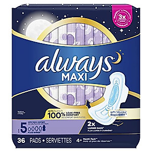 Always Maxi Feminine Pads for Women, Size 5 Extra Heavy Overnight Absorbency, with Wings, Unscented, 36 Count