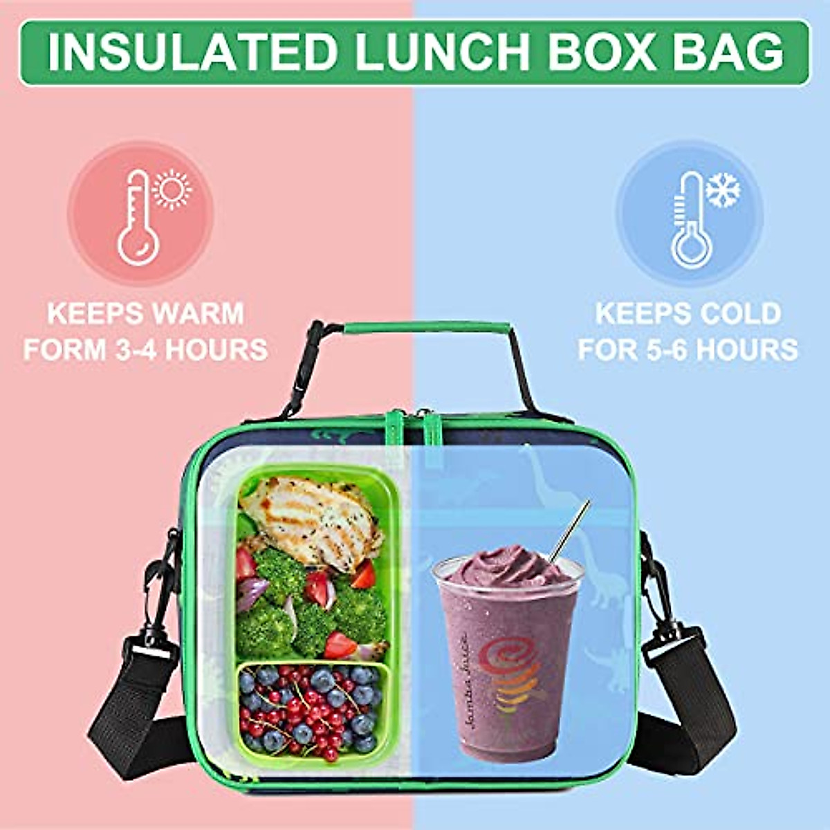 VASCHY Lunch Box Bag for Kids, Reusable Insulated Lunch Box Containers Coolers for Toddler Boys and Girls with Detachable Shoulder Strap for Daycare School Dinosaurs