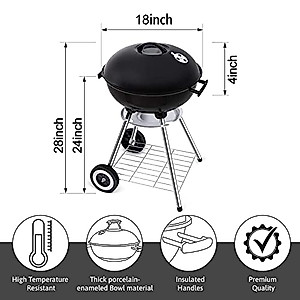 18 Inch Portable Charcoal Grill with Wheels for Outdoor Cooking Barbecue Camping BBQ Coal Kettle Grill - Heavy Duty Round with Thickened Grilling Bowl Wheels for Small Patio Backyard